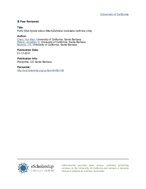 (PDF) Forty Gb/s hybrid silicon Mach-Zehnder modulator with low chirp
