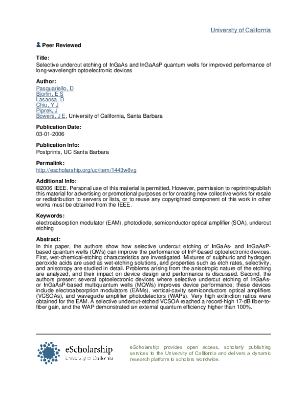 Pdf Selective Undercut Etching Of Ingaas And Ingaasp Quantum Wells For Improved Performance Of