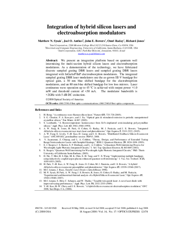 (PDF) Integration of hybrid silicon lasers and electroabsorption modulators
