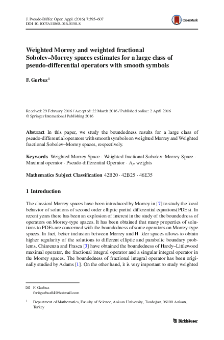Pdf Weighted Morrey And Weighted Fractional Sobolev Morrey Spaces Estimates For A Large Class