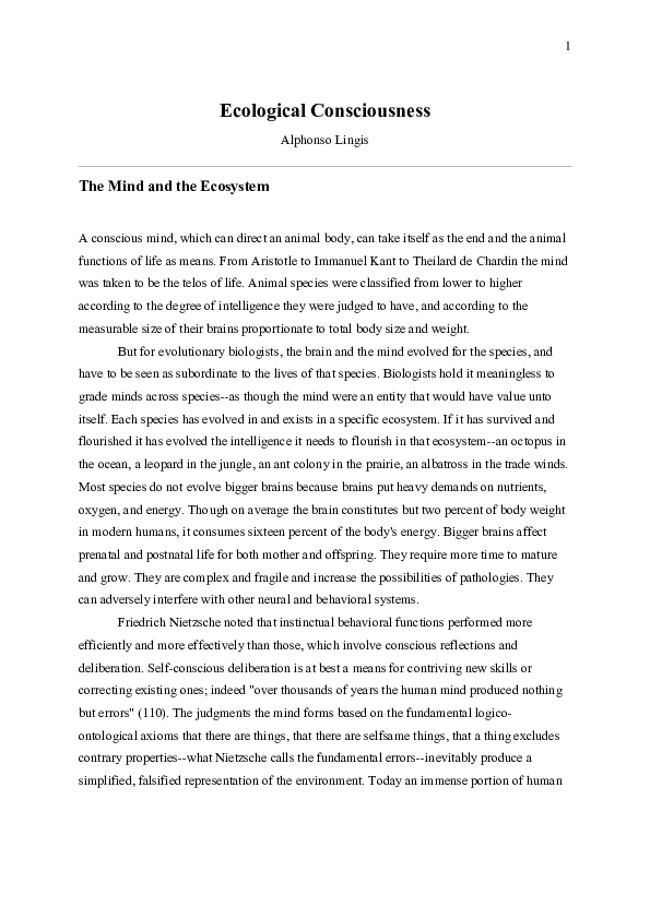 (DOC) Ecological Consciousness The Mind and the Ecosystem