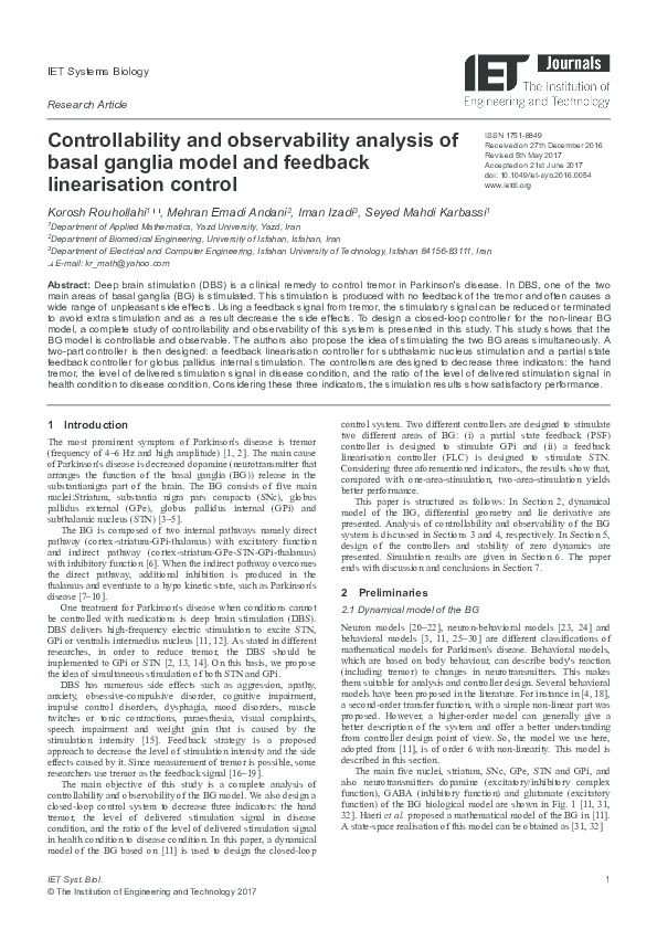 (PDF) Controllability and observability analysis of basal ganglia model and feedback ...