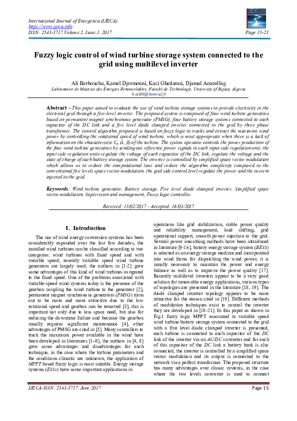 Pdf Fuzzy Logic Control Of Wind Turbine Storage System Connected To