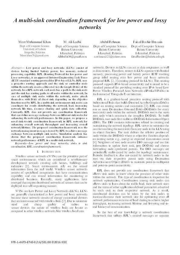 (PDF) A multi-sink coordination framework for low power and lossy networks