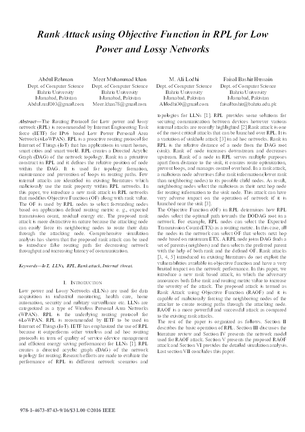 Pdf Rank Attack Using Objective Function In Rpl For Low Power And