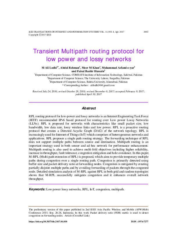 Pdf Transient Multipath Routing Protocol For Low Power And Lossy