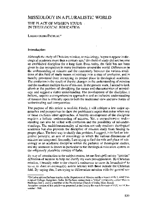 (PDF) MISSIOLOGY IN A PLURALISTIC WORLD THE PLACE OF MISSION STUDY IN ...