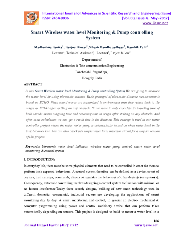 (PDF) Smart Wireless water level Monitoring & Pump controlling System