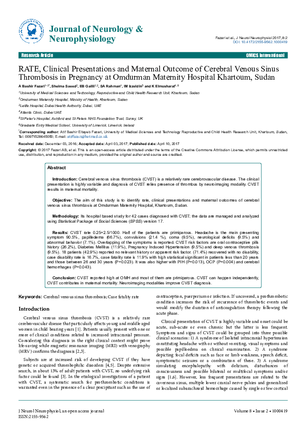 (PDF) RATE, Clinical Presentations and Maternal Outcome of Cerebral ...