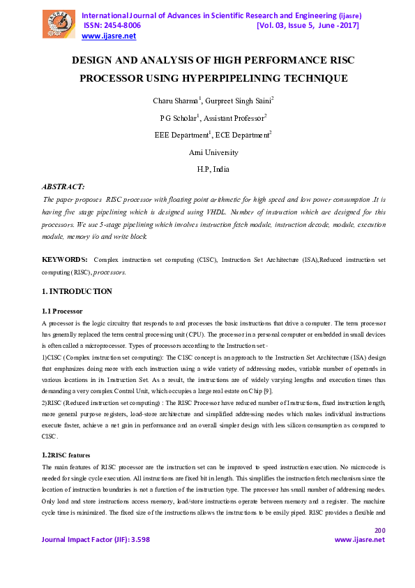 Pdf Design And Analysis Of High Performance Risc Processor Using Hyperpipelining Technique