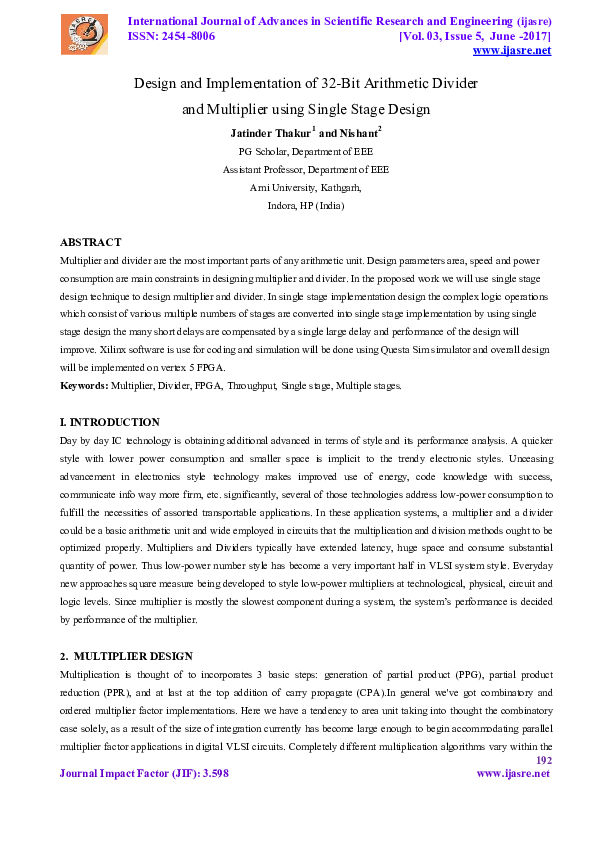 (PDF) Design and Implementation of 32-Bit Arithmetic Divider and Multiplier using Single Stage ...