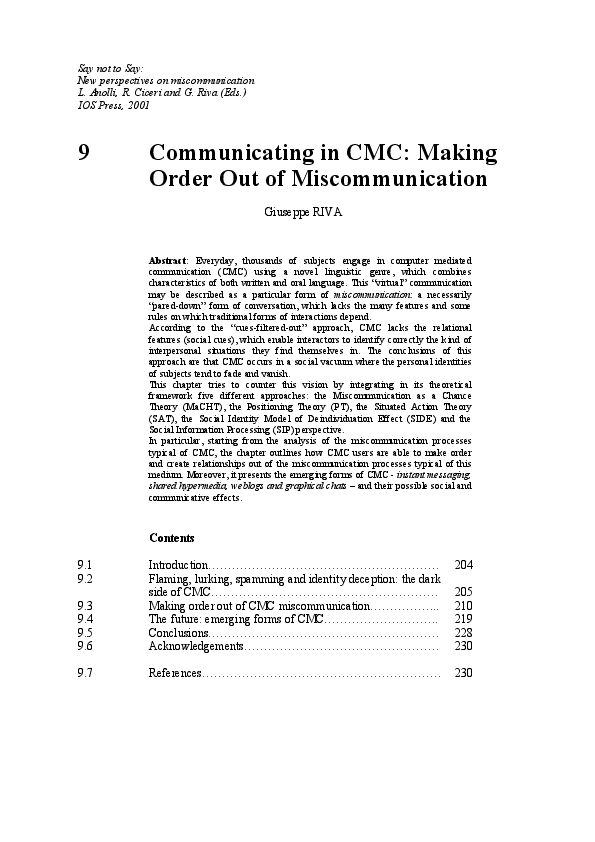 (PDF) 9 Communicating in CMC: Making Order Out of Miscommunication