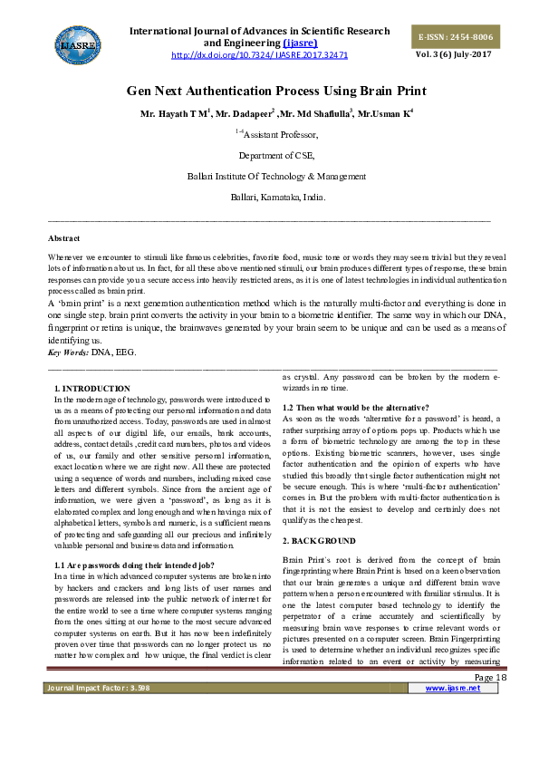 (PDF) Gen Next Authentication Process Using Brain Print