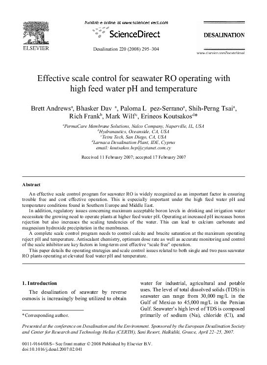 (PDF) Effective scale control for seawater RO in operation with high ...