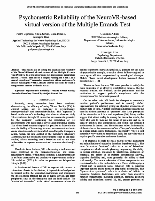 (PDF) Psychometric Reliability of the NeuroVR-based virtual version of ...