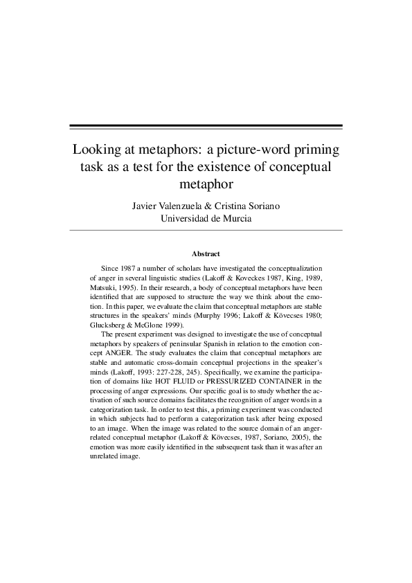 (PDF) Looking at metaphors: a picture-word priming task as a test for ...