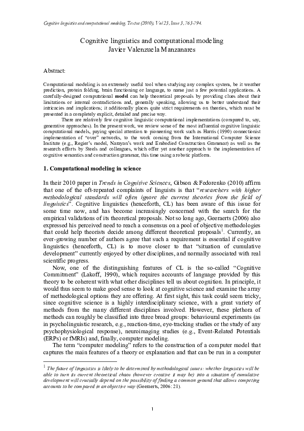 Pdf Cognitive Linguistics And Computational Modeling