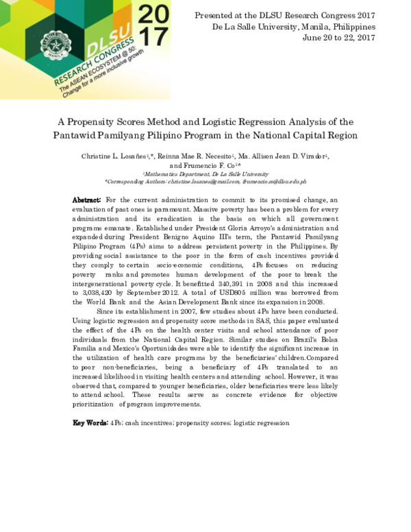 (PDF) A Propensity Scores Method and Logistic Regression Analysis of the Pantawid Pamilyang ...
