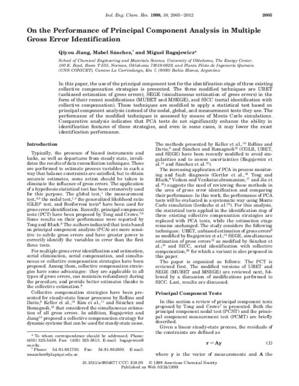 (PDF) On the Performance of Principal Component Analysis in Multiple Gross Error Identification