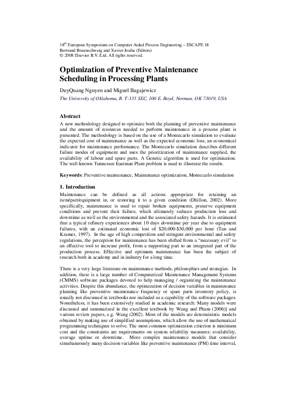 Pdf Optimization Of Preventive Maintenance Scheduling In Processing