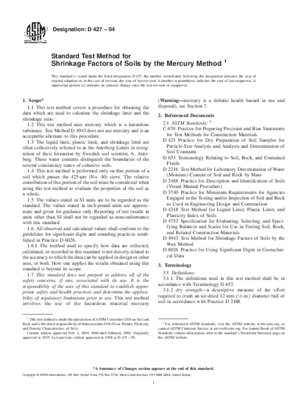 (PDF) Designation: D 427 – 04 Shrinkage Factors of Soils by the Mercury ...