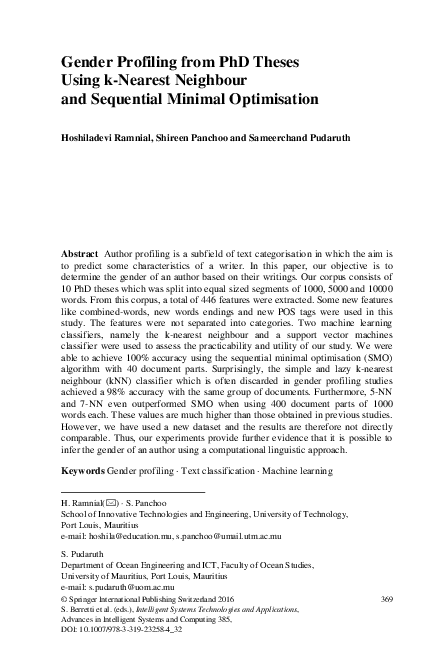 (PDF) Gender Profiling from PhD Theses Using k-Nearest Neighbour and ...