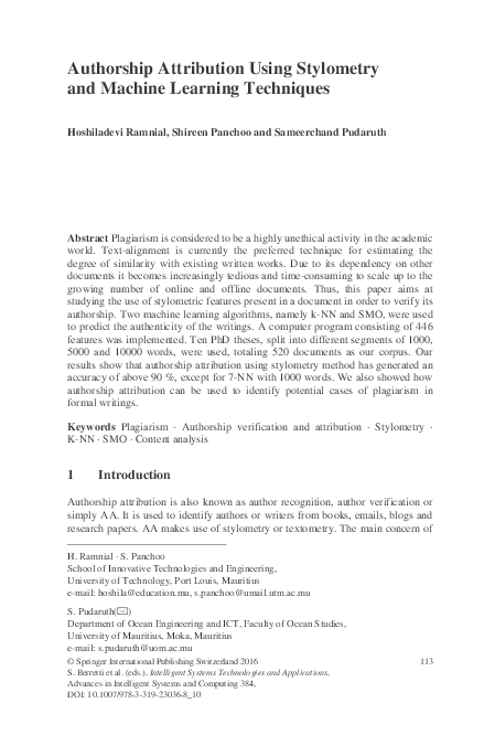 Pdf Authorship Attribution Using Stylometry And Machine Learning