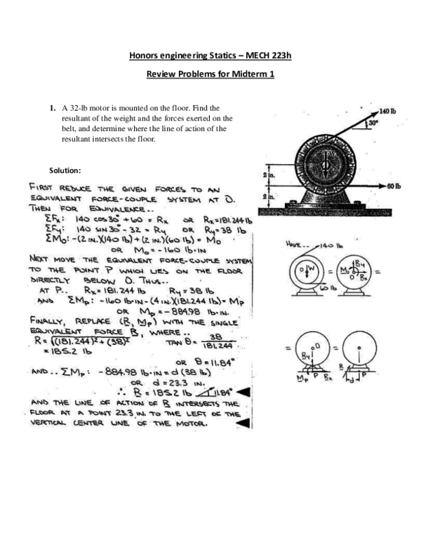 (PDF) Honors engineering Statics – MECH 223h Review Problems for Midterm 1