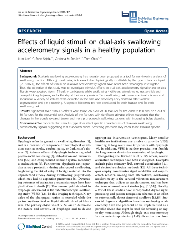 Pdf Effects Of Liquid Stimuli On Dual Axis Swallowing Accelerometry Signals In A Healthy