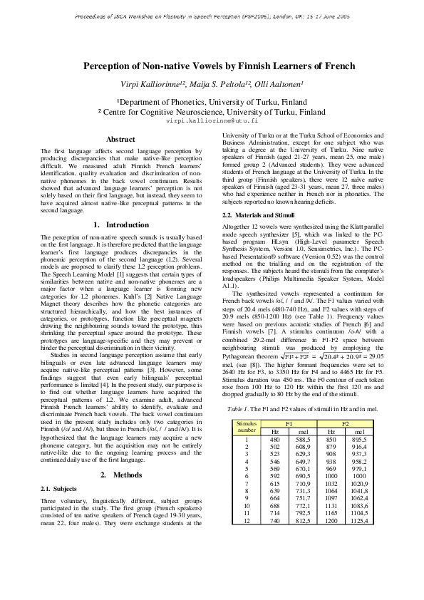 (PDF) Perception of non-native vowels by Finnish Learners of French | Olli Aaltonen - Academia.edu