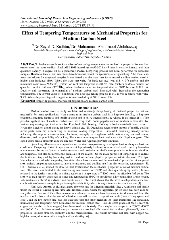 (PDF) Effect of Tempering Temperatures on Mechanical Properties for Medium Carbon Steel