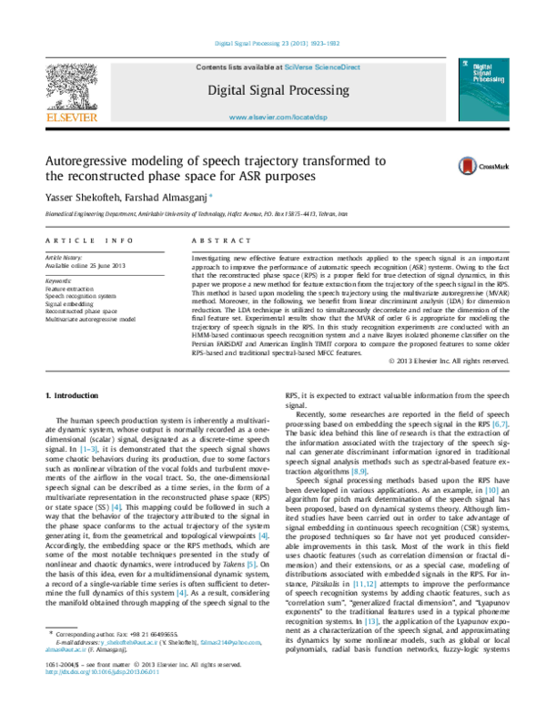 (PDF) Digital Signal Processing Autoregressive modeling of speech ...