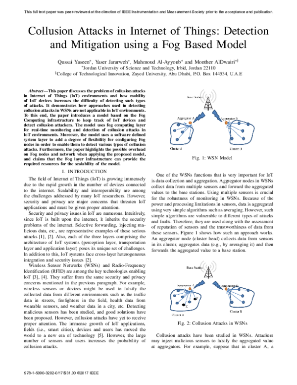 Pdf Collusion Attacks In Internet Of Things Detection And Mitigation Using A Fog Based Model
