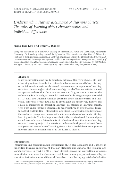 (PDF) Understanding learner acceptance of learning objects: The roles of learning object ...