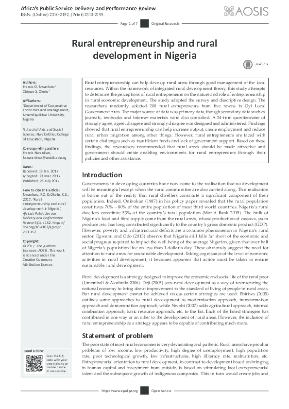 (PDF) Rural entrepreneurship and rural development in Nigeria