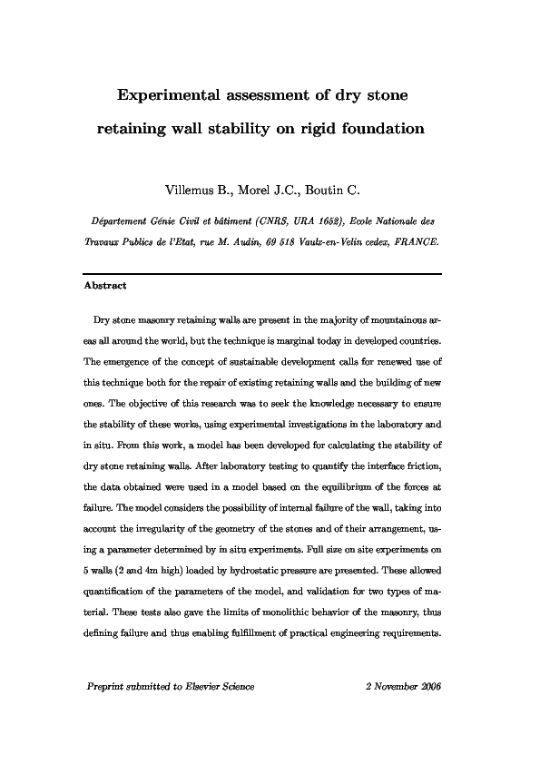 (PDF) Experimental assessment of dry stone retaining wall stability on ...