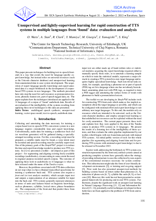 (PDF) Unsupervised and lightly-supervised learning for rapid construction of TTS systems in ...