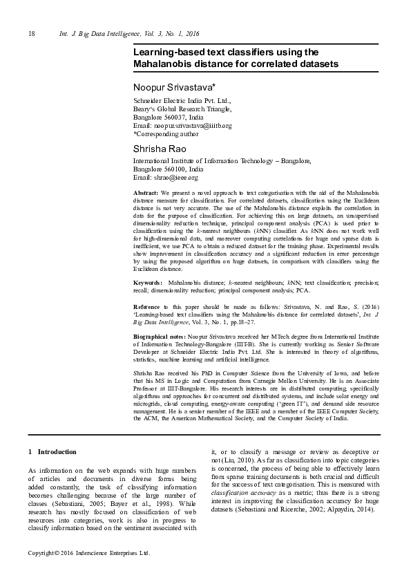 Pdf Learning Based Text Classifiers Using The Mahalanobis Distance For Correlated Datasets