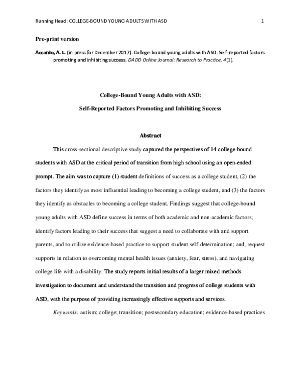 (PDF) Accardo, A. L. (2017). College-bound young adults with ASD: Self ...