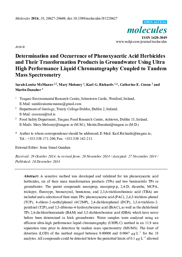 (PDF) Determination and Occurrence of Phenoxyacetic Acid Herbicides and Their Transformation ...