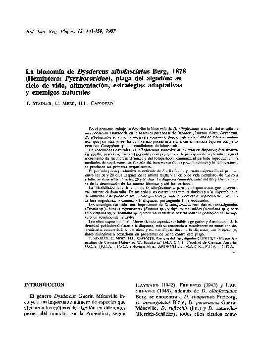 (PDF) La bionomia de Dysdercus albofasciatus Berg, 1878 (Hemiptera ...