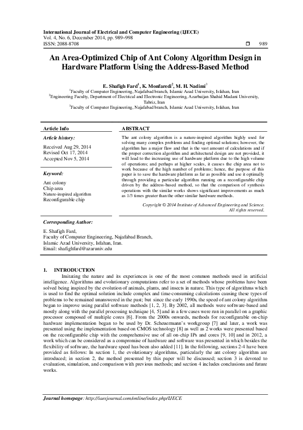 Pdf An Area Optimized Chip Of Ant Colony Algorithm Design In Hardware Platform Using The