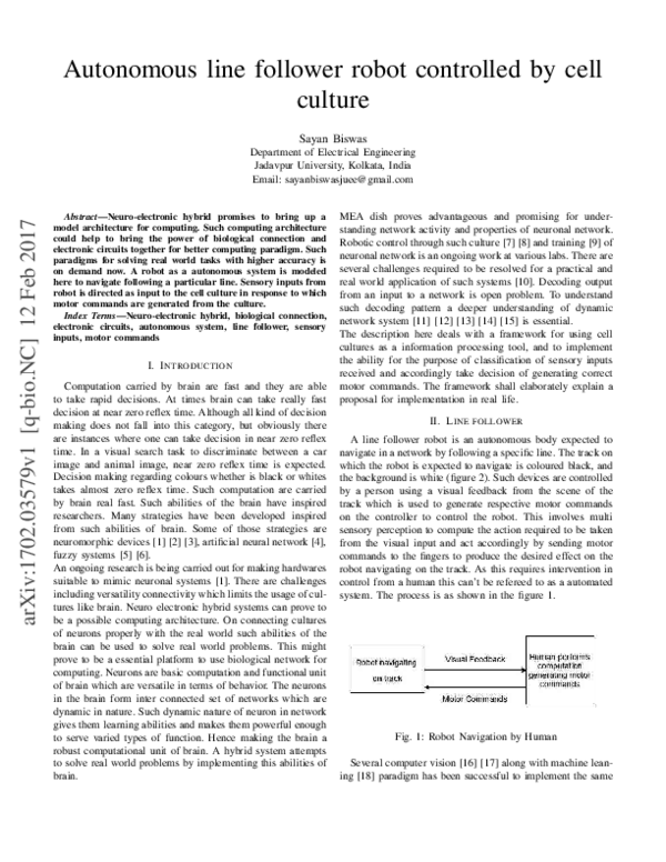 (PDF) Autonomous line follower robot controlled by cell culture