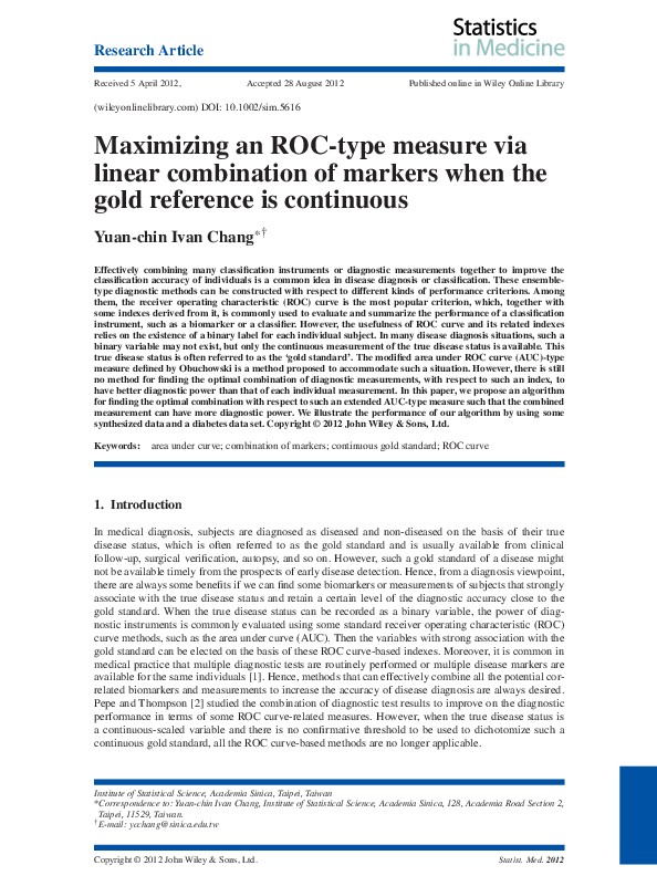 (PDF) Maximizing an ROC-type measure via linear combination of markers ...