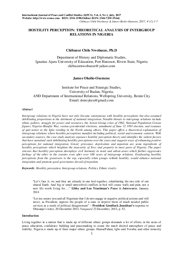 (PDF) HOSTILITY PERCEPTION: THEORETICAL ANALYSIS OF INTERGROUP ...