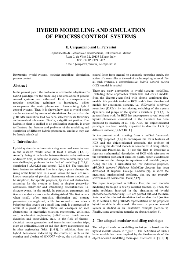 (PDF) Hybrid Modelling and Simulation of Process Control Systems