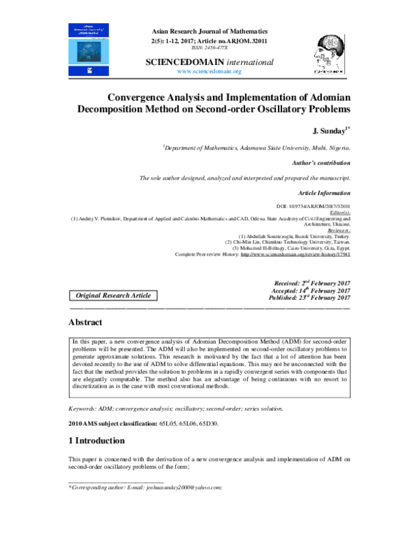 Pdf Convergence Analysis And Implementation Of Adomian Decomposition Method On Second Order