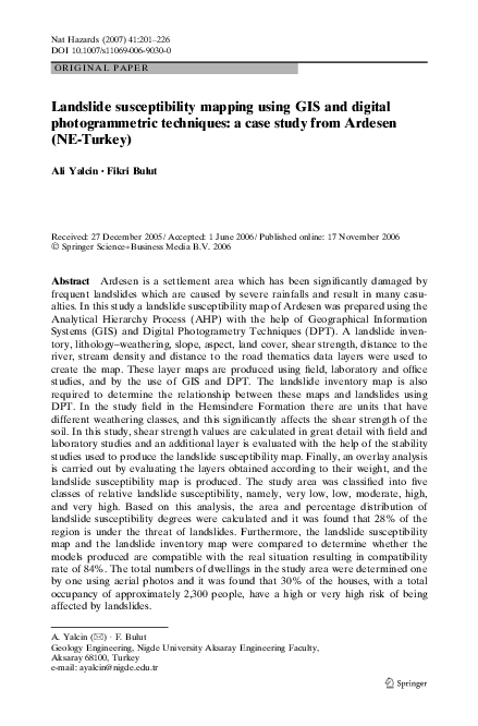 (PDF) Landslide susceptibility mapping using GIS and digital photogrammetric techniques: a case ...