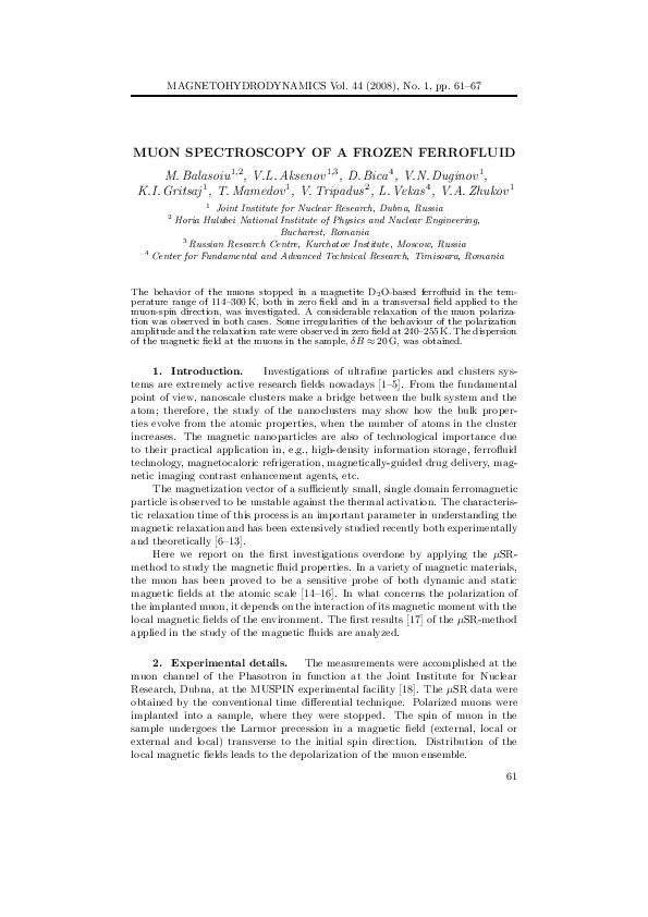 (PDF) Muon spectroscopy of a frozen ferrofluid | Maria Balasoiu ...