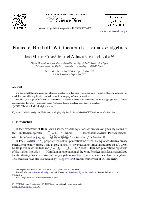 (PDF) Poincaré–Birkhoff–Witt theorem for Leibniz -algebras | Jose Casas ...